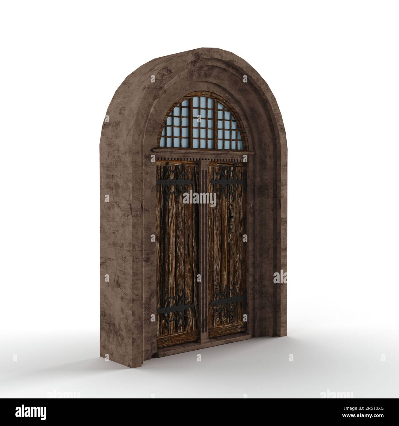An old rustic wooden door featuring arched windows in the center - 3D ...
