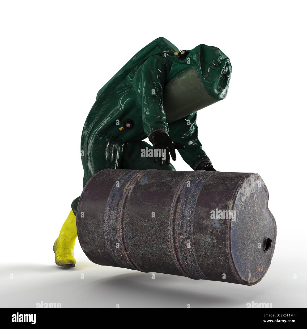 A 3D render illustration of a man wearing a protective chemical suit ...