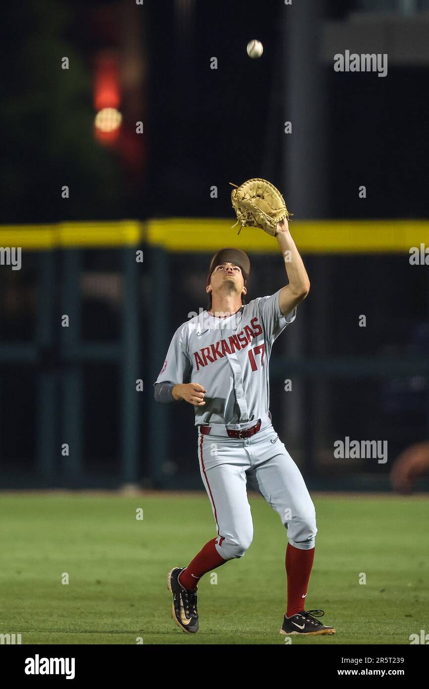 June 4, 2023: Arkansas infielder Brady Slavens #17 settles under a ...