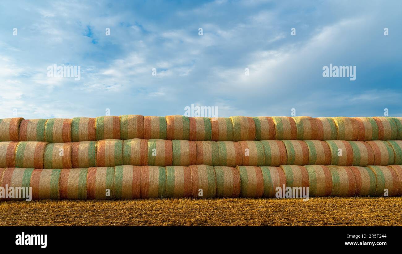 Farmland with stacked hay bales Stock Photo - Alamy