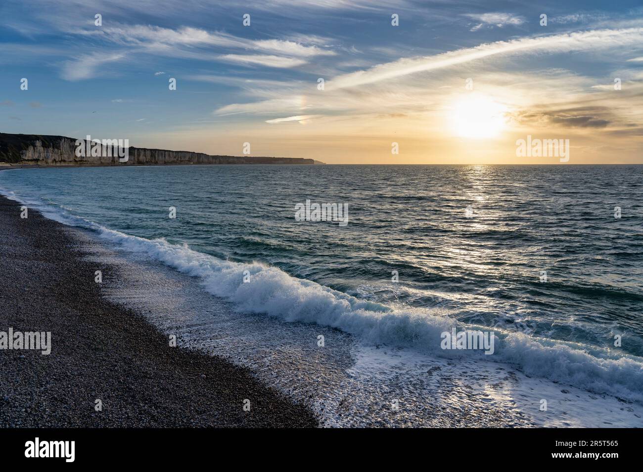 France, Normandy, Seine Maritime, Fecamp, sunset on the beach Stock ...