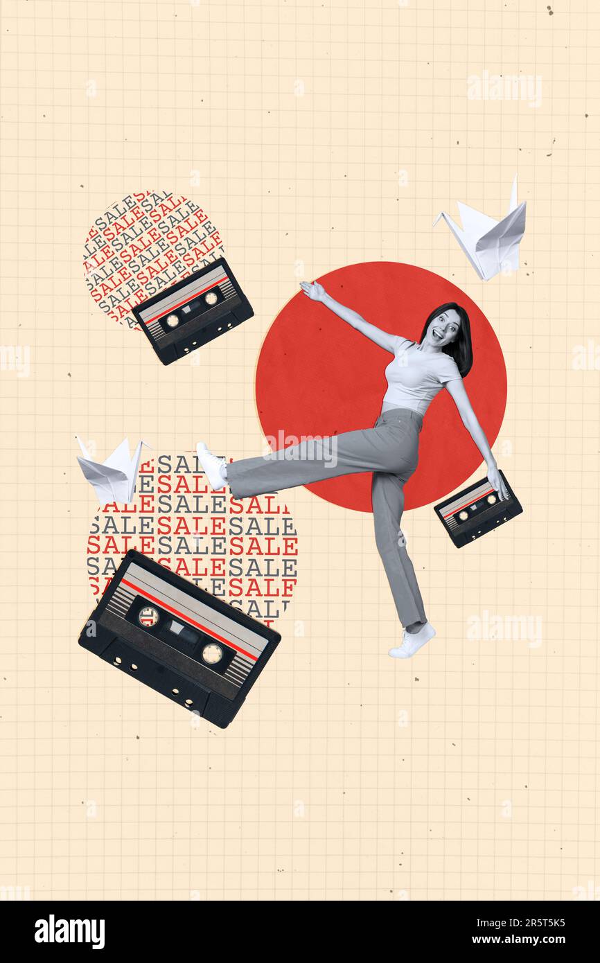 Vertical poster collage of funky crazy girl walking supermarket listen ...