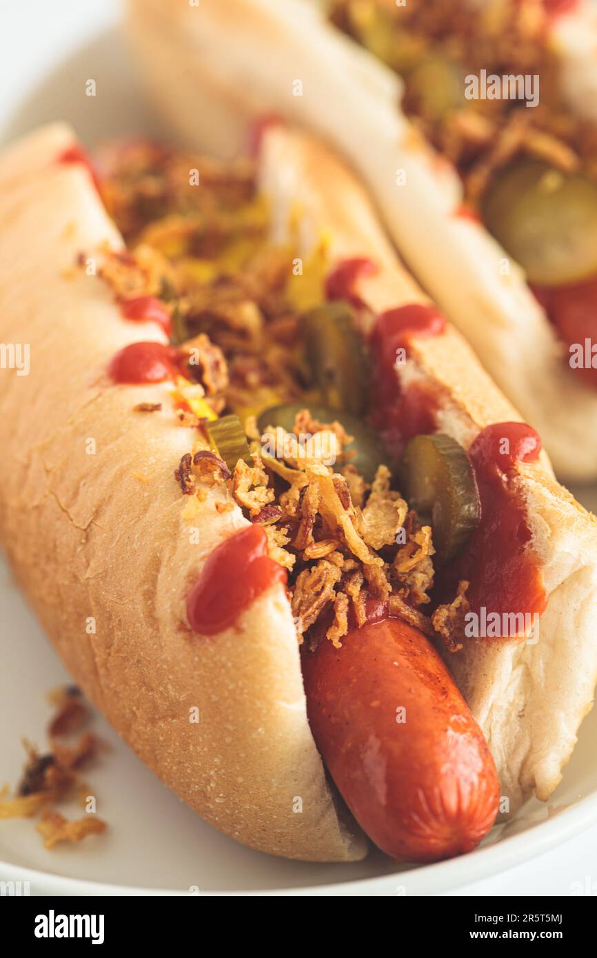 Classic hot dog with mustard, ketchup, pickles and fried onions, white ...