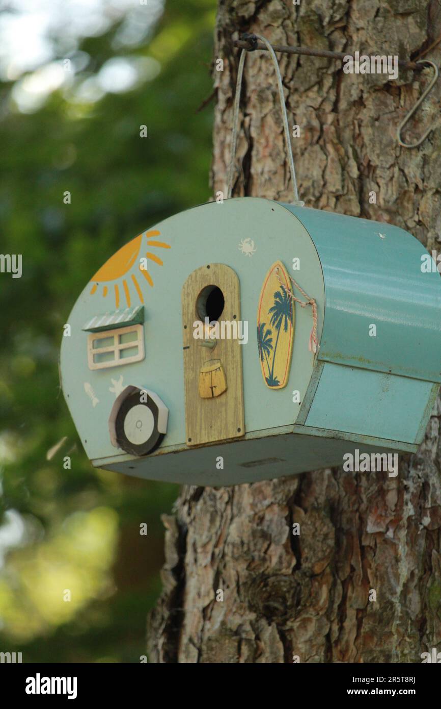 A wooden birdhouse with a beach theme, suspended from a tree branch in ...