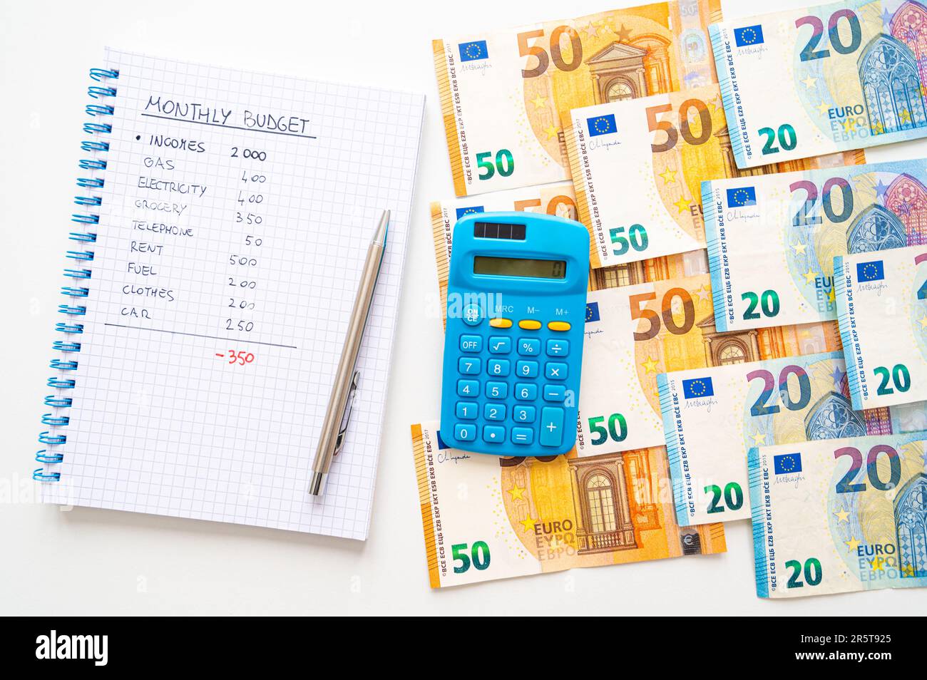 Notebook with monthly budget, calculator, text "help" and banknotes ...