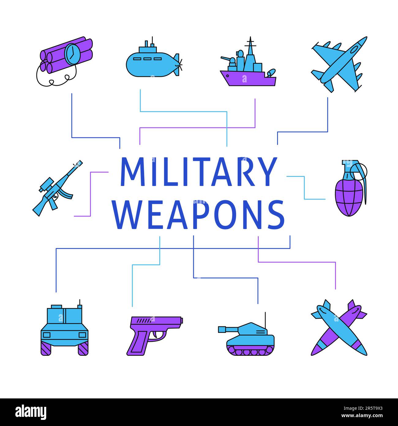 Military weapons and transport poster with line icons. Army and war ...