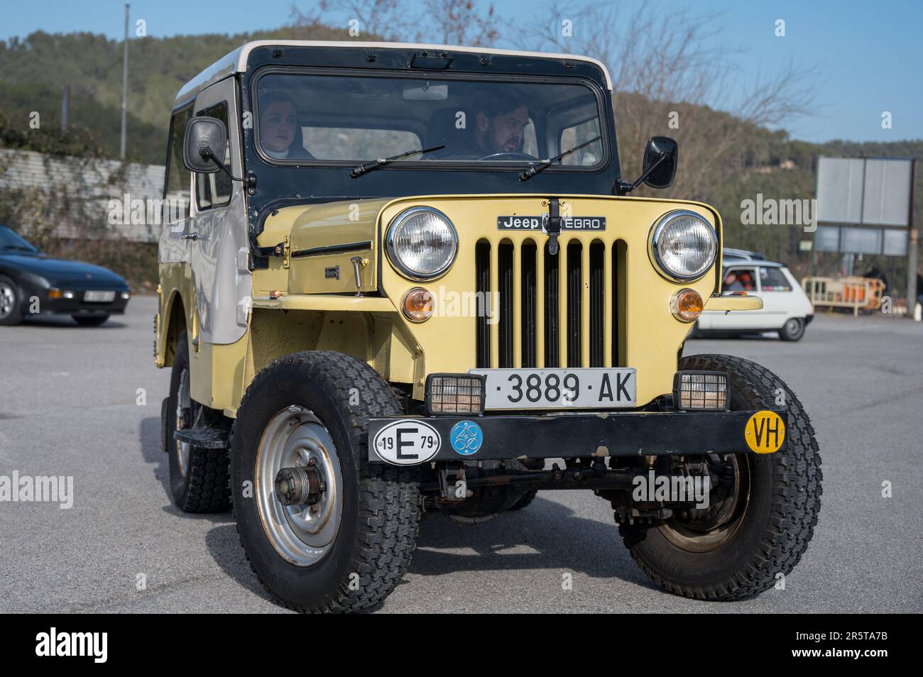 Front view of a classic off-road Jeep Ebro CJ-3B-E Bravo S in yellow ...