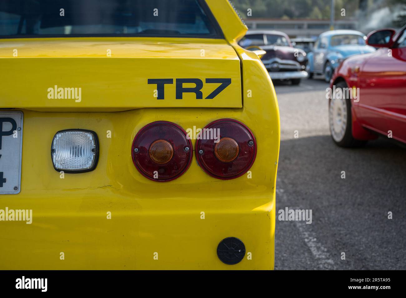 Detail of the rear view of a classic English sports car, the yellow ...