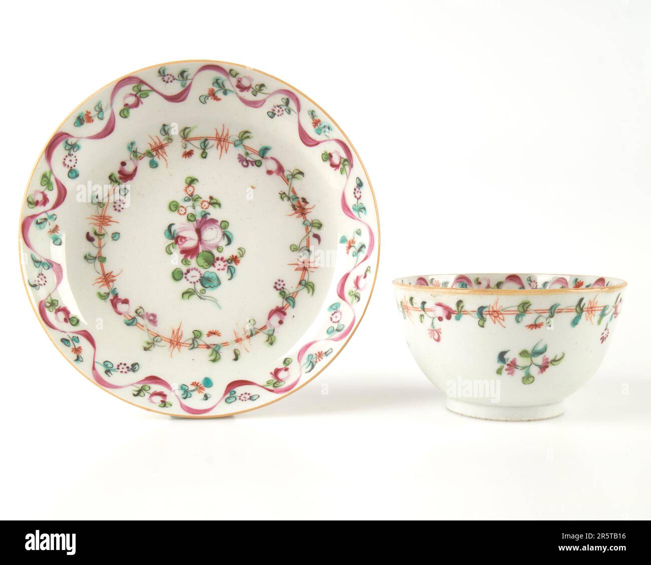 Antique 18thc. Georgian New Hall Pink Ribbon pattern porcelain tea bowl ...