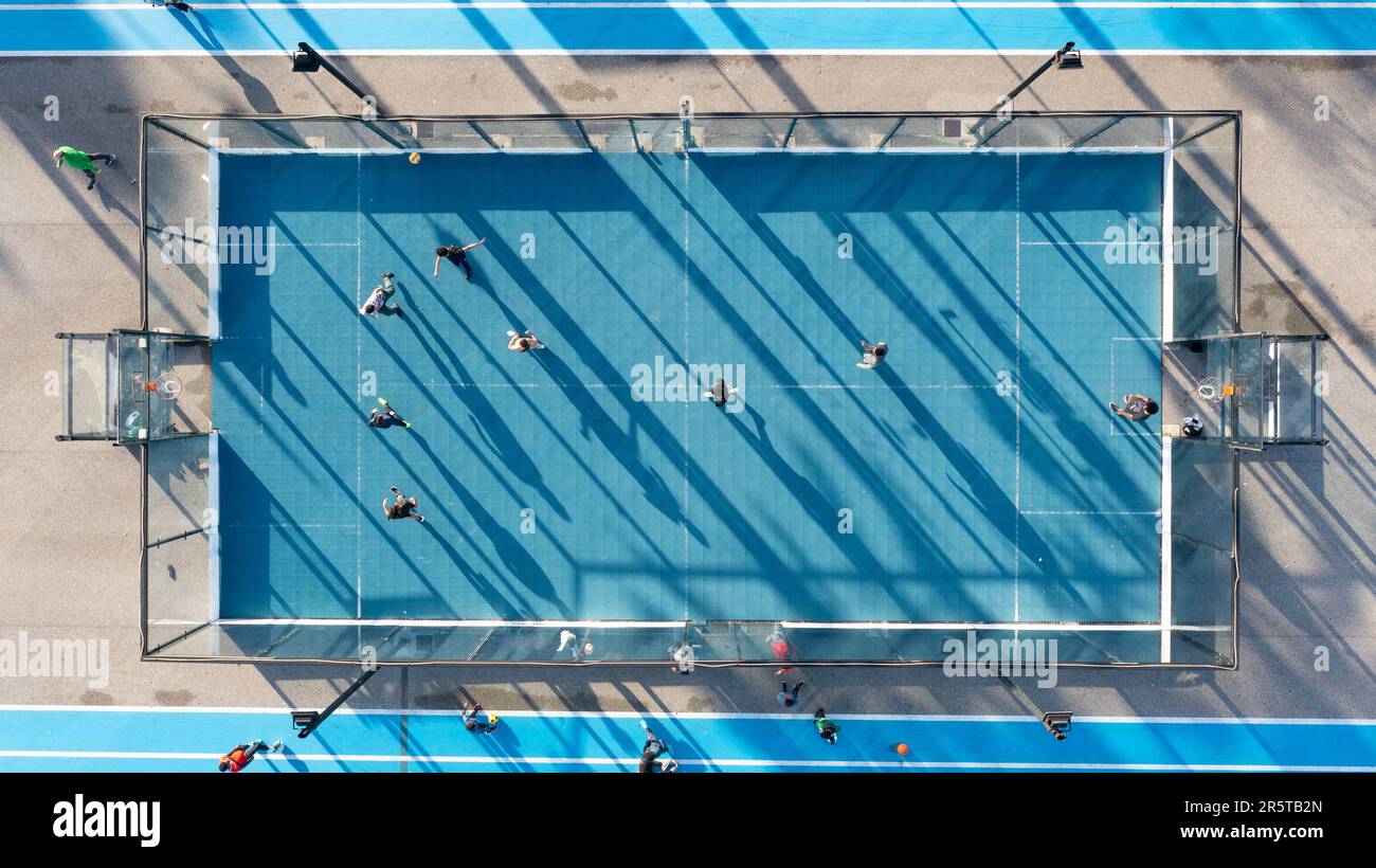 Aerial drone top view of mini football soccer field with artificial ...