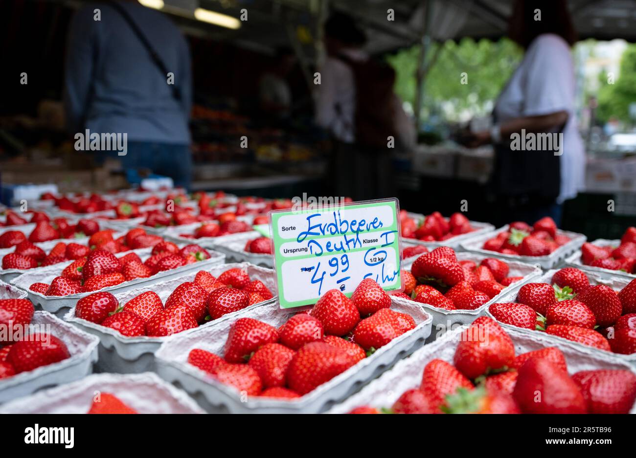 Munich, Germany. 05th June, 2023. Strawberries are offered at a market ...