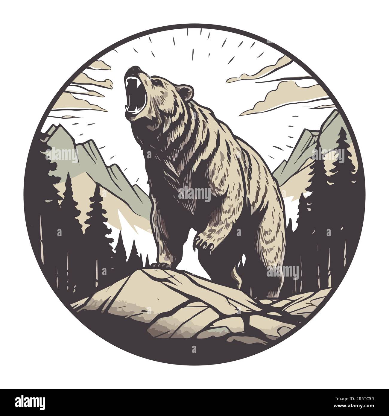 Aggressive grizzly bear on a forest and mountains background. T-shirt ...