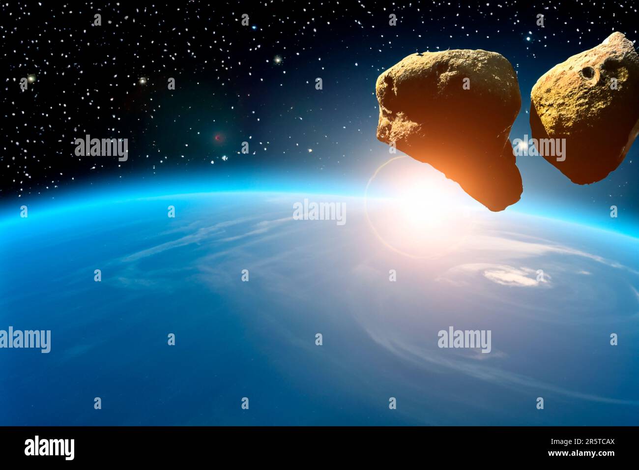 Asteroid. Giant asteroid cruising near Planet Earth scenery or spacescape. Outer space landscape ...