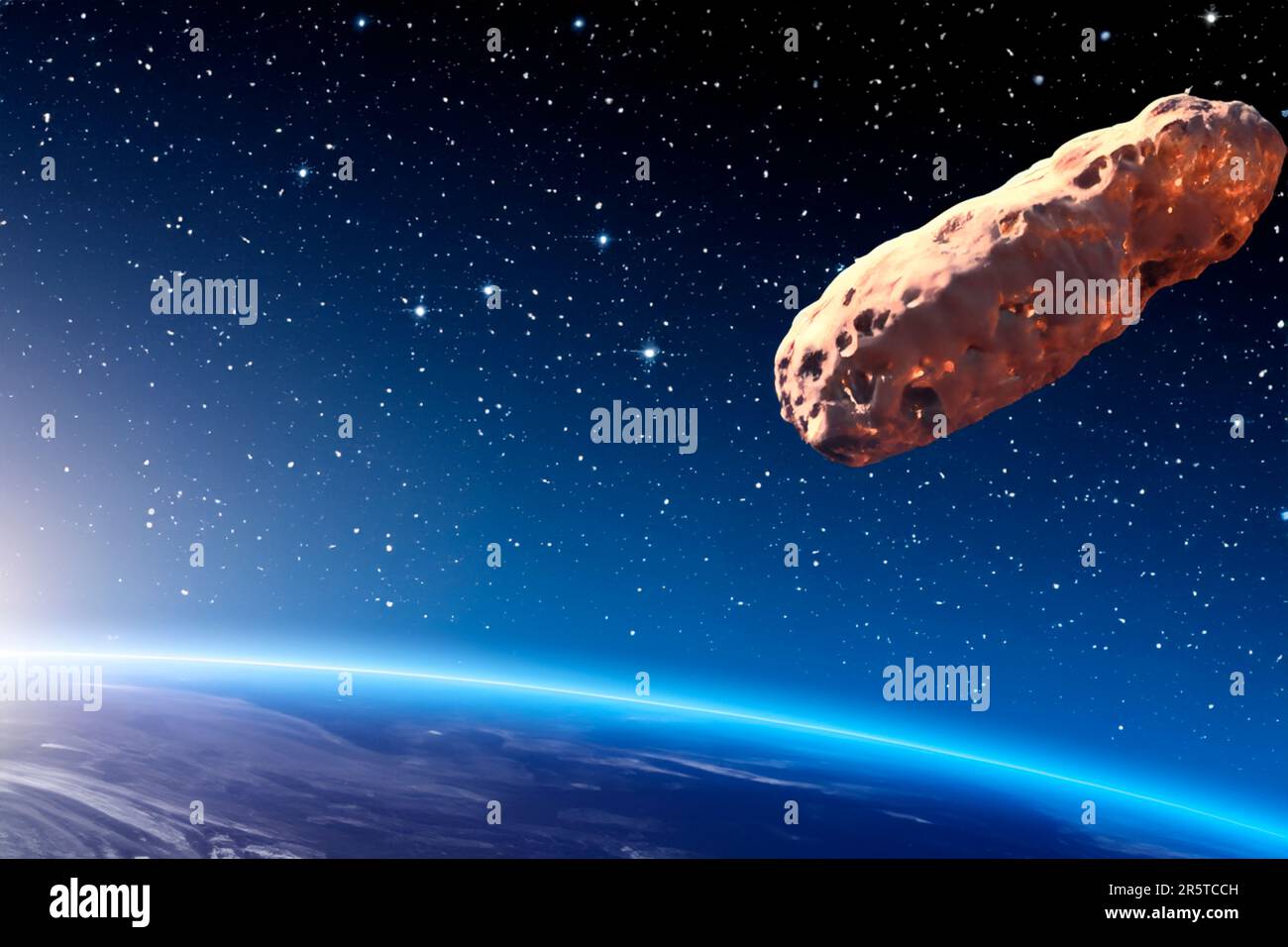 Asteroid. Giant asteroid cruising near Planet Earth scenery or spacescape. Outer space landscape ...