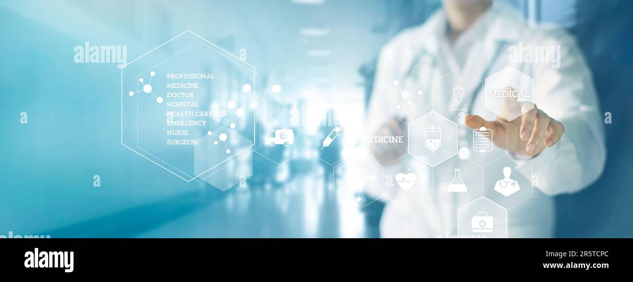 A doctor working on a computer system in a medical environment Stock ...