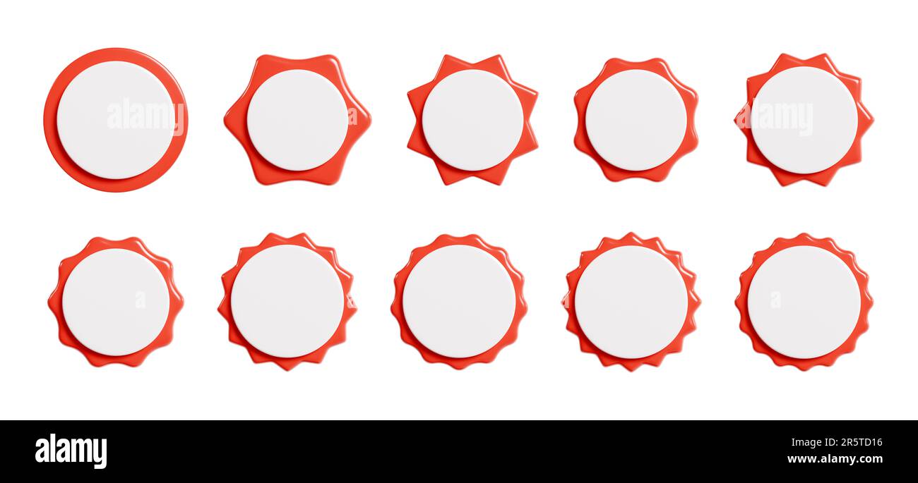 Red starburst sticker with white plate 3d render set - collection of ...