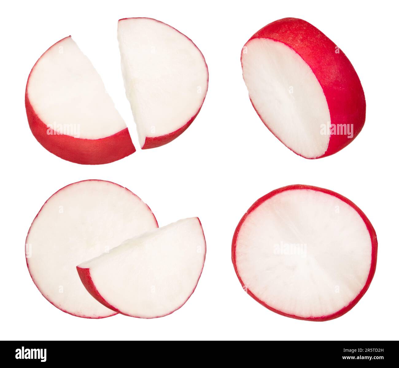 Radish slices isolated on white background. Many radish slices fall at ...