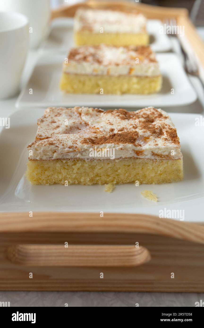 Sponge cake with sour cream, tangerine, cinnamon topping on plates ...