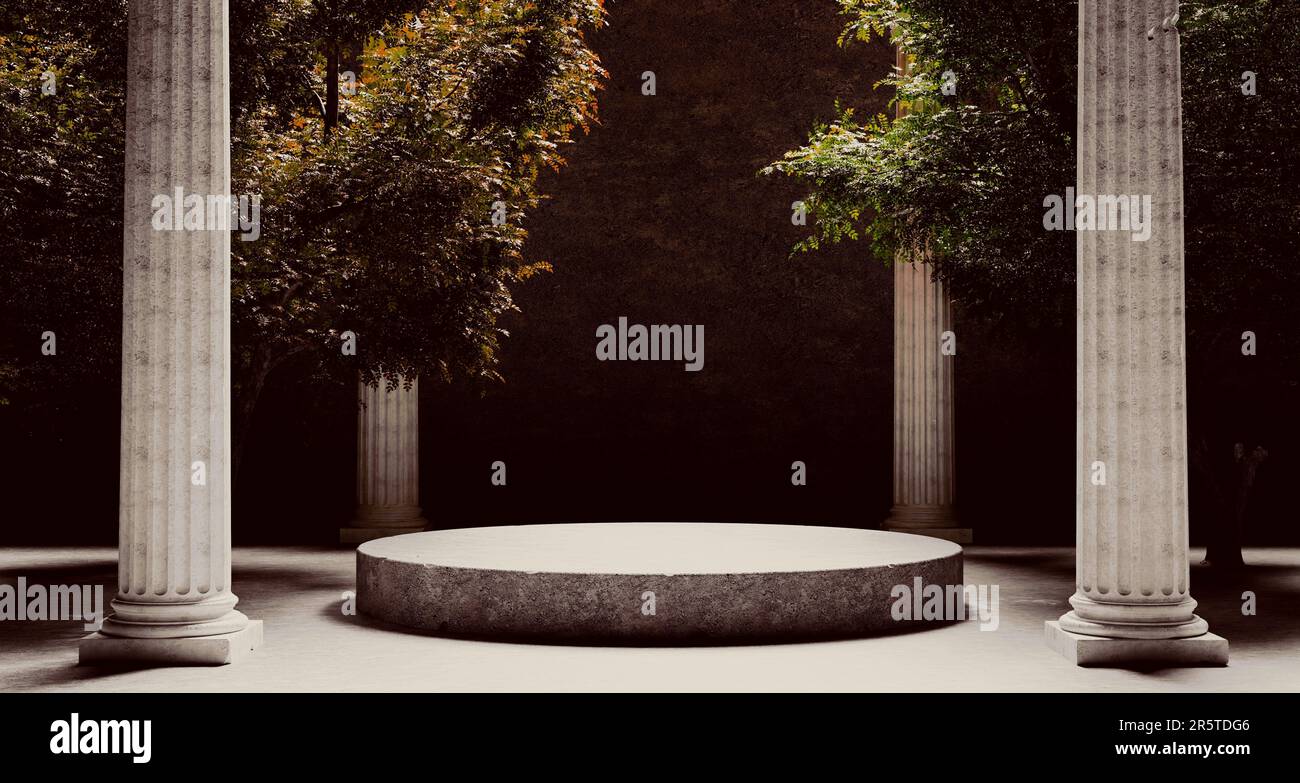 A well-maintained space surrounded by two large columns and trees Stock ...