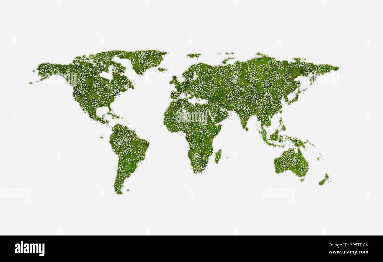 A detailed, realistic world map composed of lush green grass is ...
