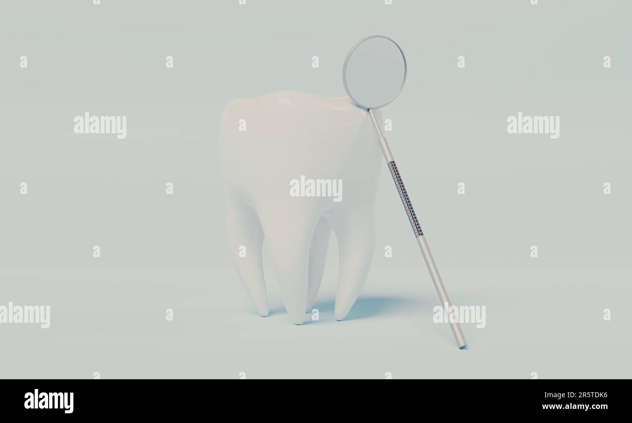An illustration of a single white tooth with a dental tool on an ...