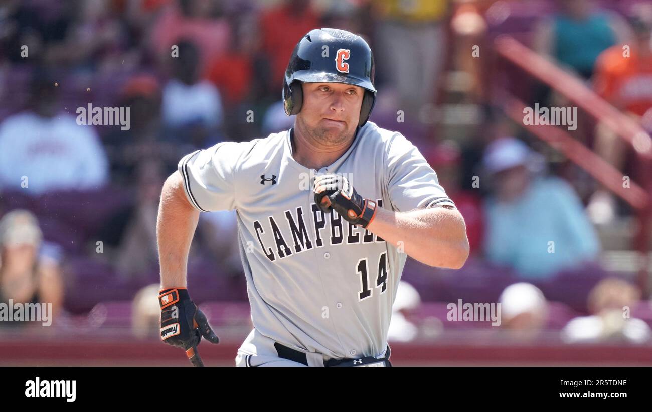Campbell outfielder Tyler Halstead runs to first during an NCAA ...