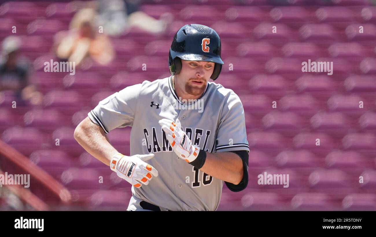 Campbell outfielder Drew Winters runs to first during an NCAA baseball game against Central ...