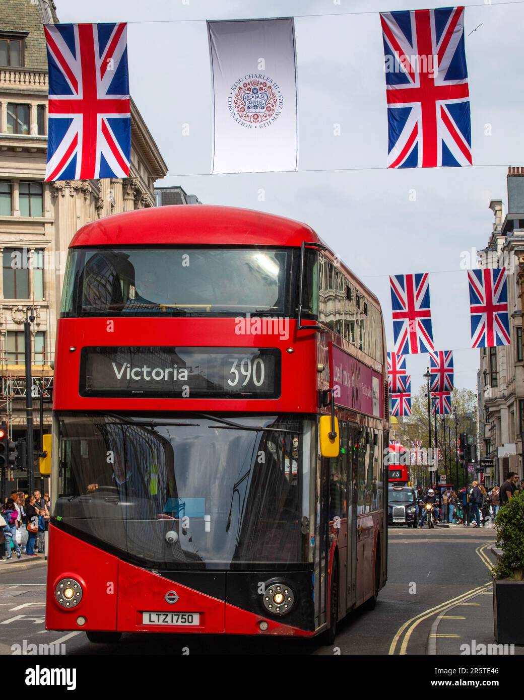 London, UK - April 30th 2023: A red London bus on Oxford Street with ...