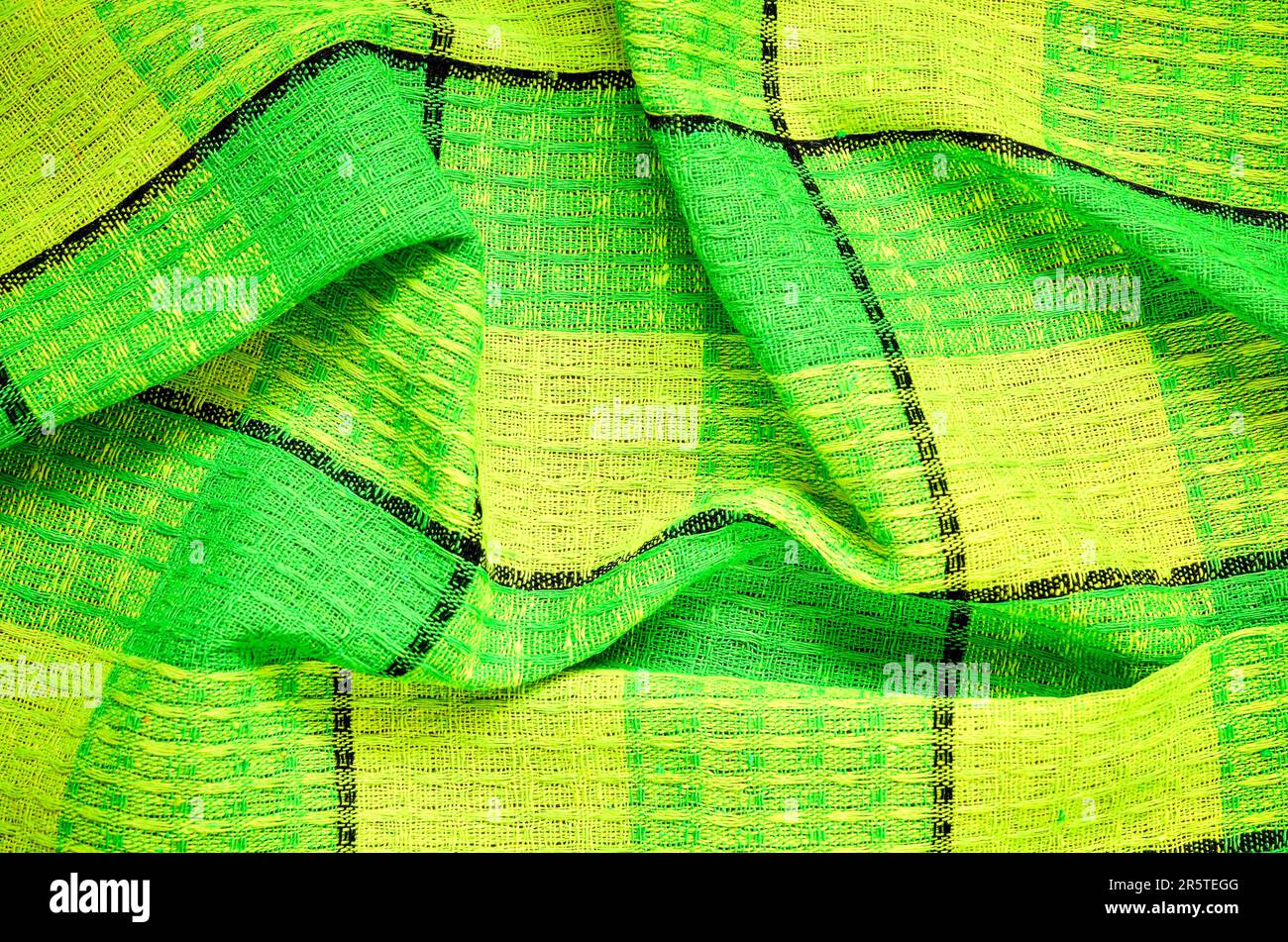 Wrinkled texture material rag. Green fabric background checkered Stock ...