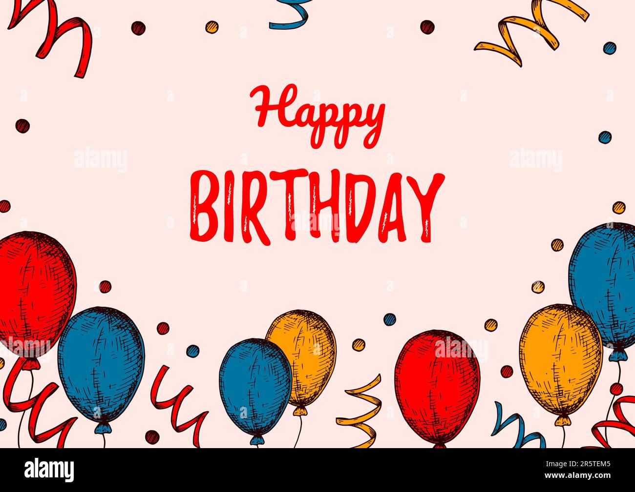Birthday horizontal greeting card. Design with hand drawn elements ...