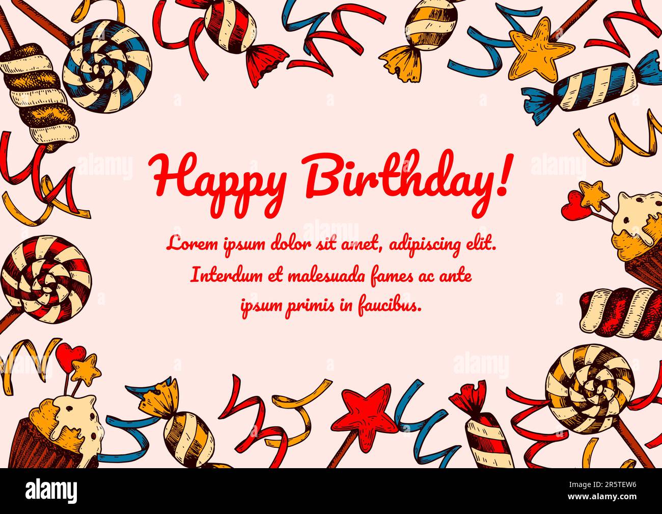 Birthday horizontal greeting card. Design with hand drawn elements ...