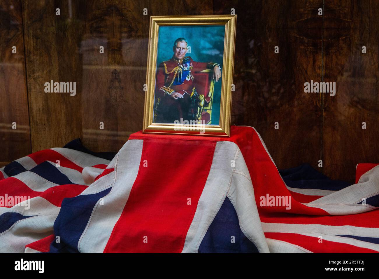 London, UK - April 30th 2023: A framed portrait of King Charles III, in ...