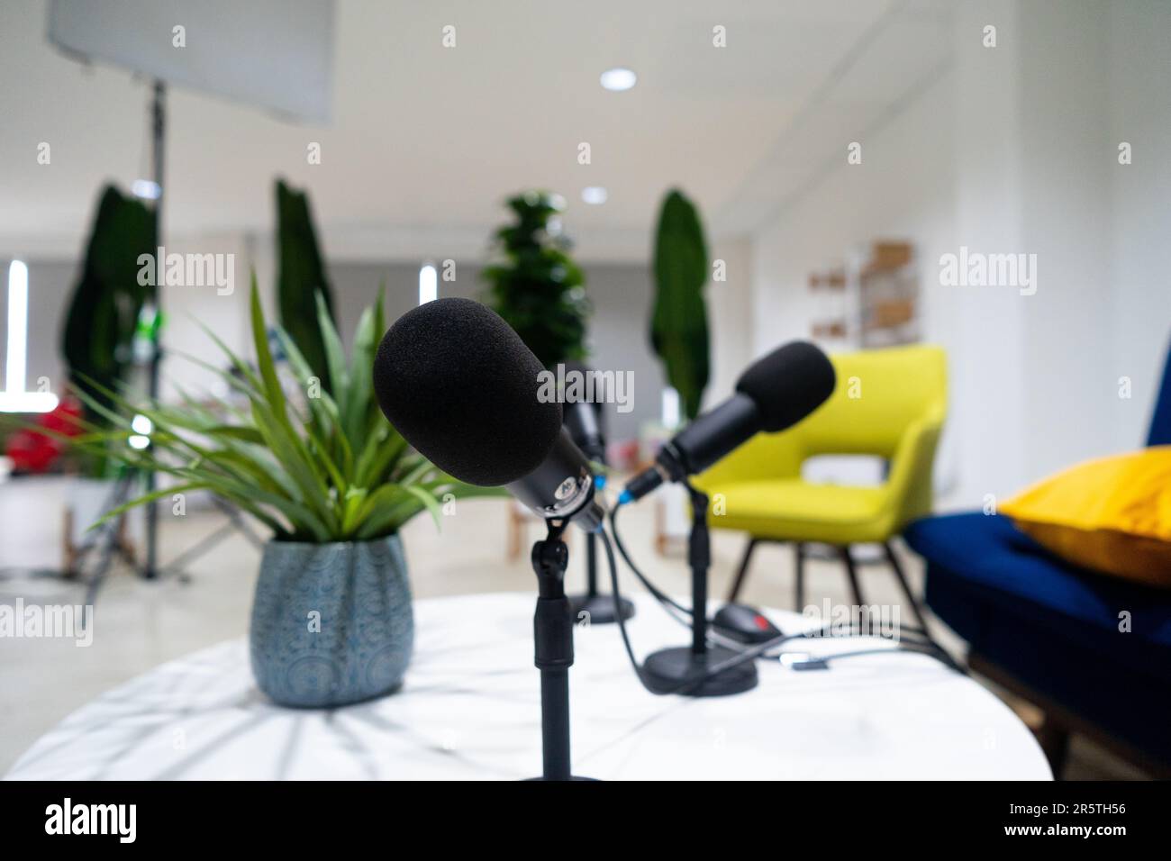 The podcast audio microphone is black. Microphone on the table Stock ...