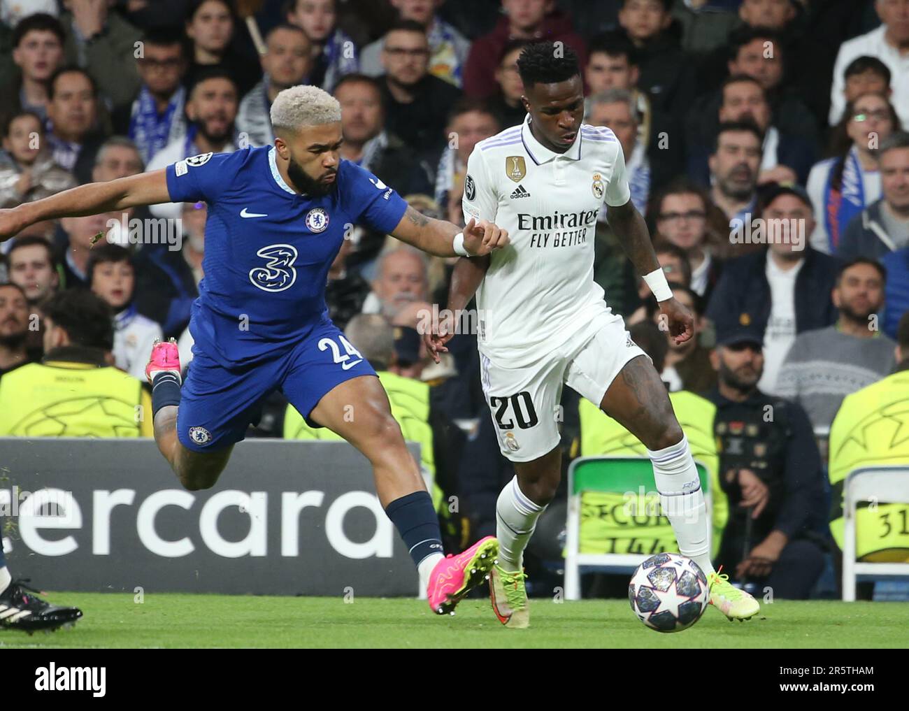 Reece James of FC Chelsea and Vin’cius Jœnior of Real Madridduring the UEFA Champions League ...