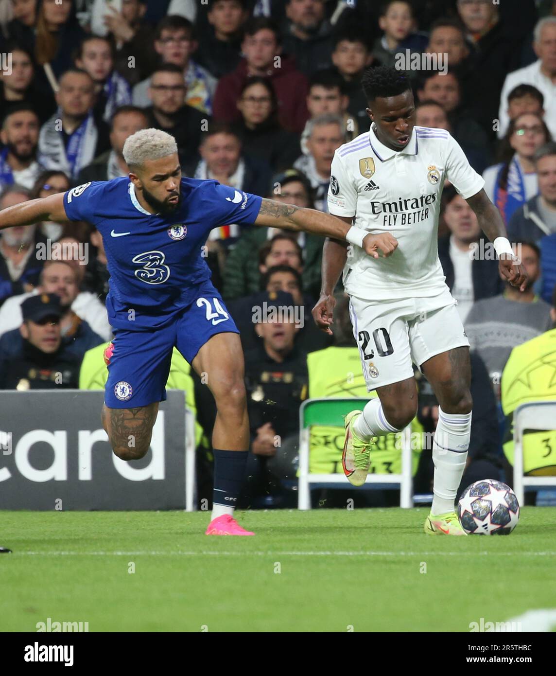 Reece James of FC Chelsea and Vin’cius Jœnior of Real Madridduring the UEFA Champions League ...