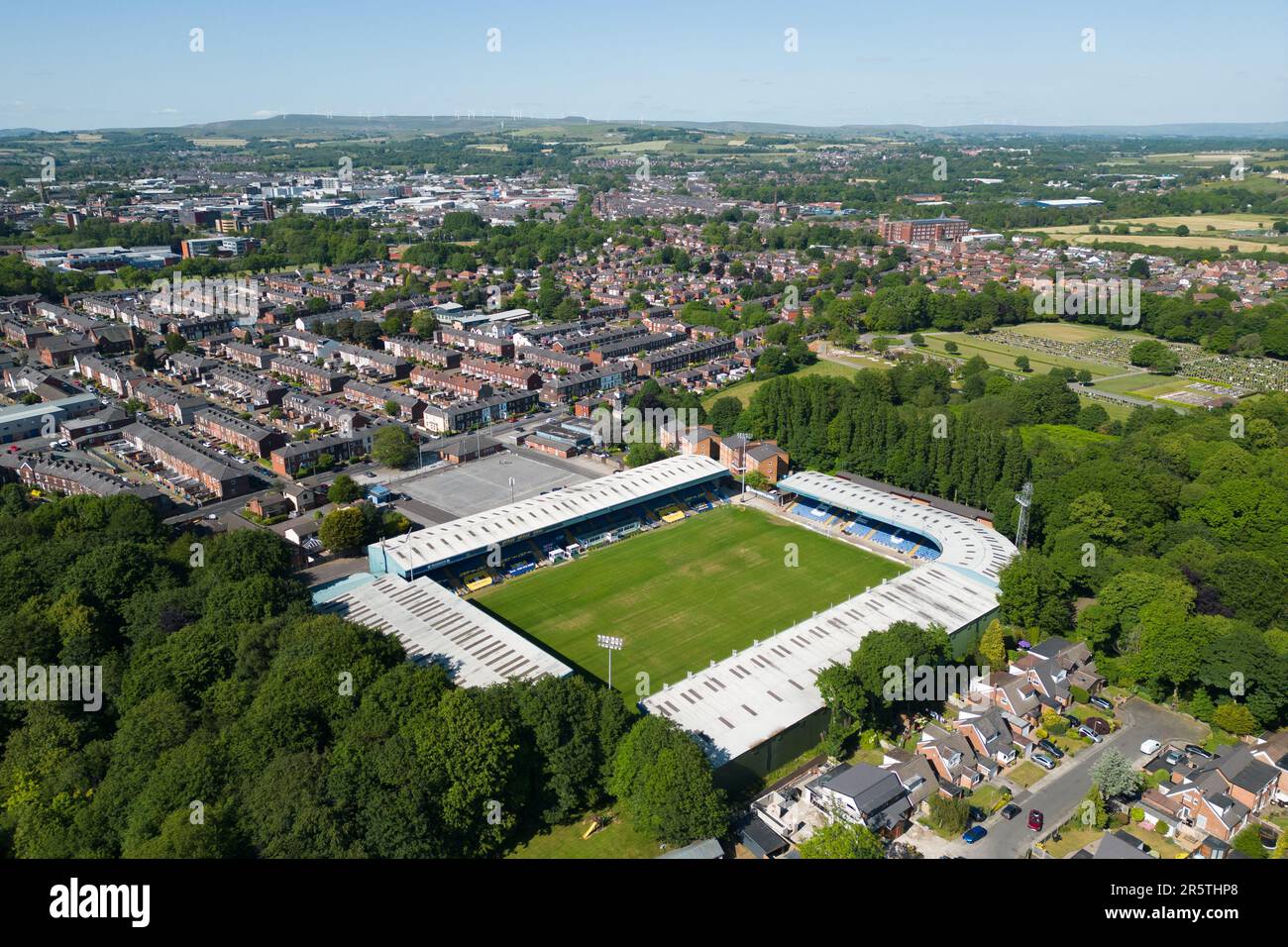 Bury, UK. 5 June, 2023. An aerial view shows Gigg Lane Stadium the home ...