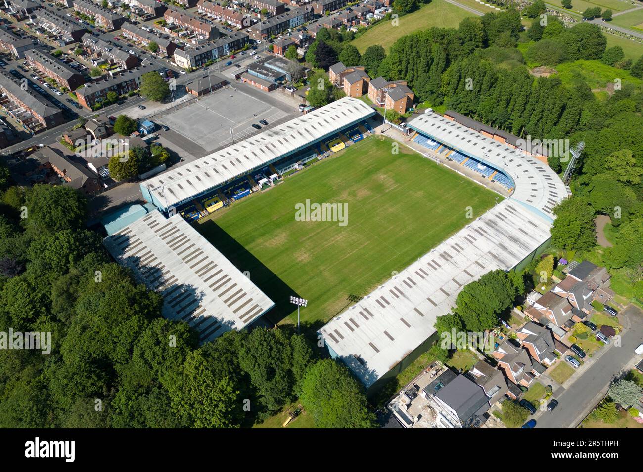 Bury, UK. 5 June, 2023. An aerial view shows Gigg Lane Stadium the home ...