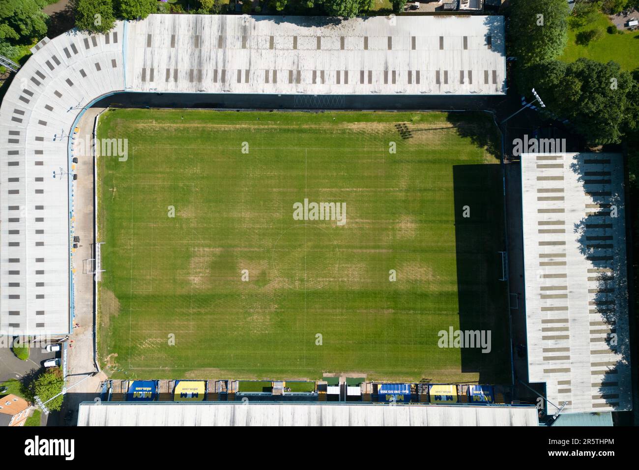 Bury, UK. 5 June, 2023. An aerial view shows Gigg Lane Stadium the home ...