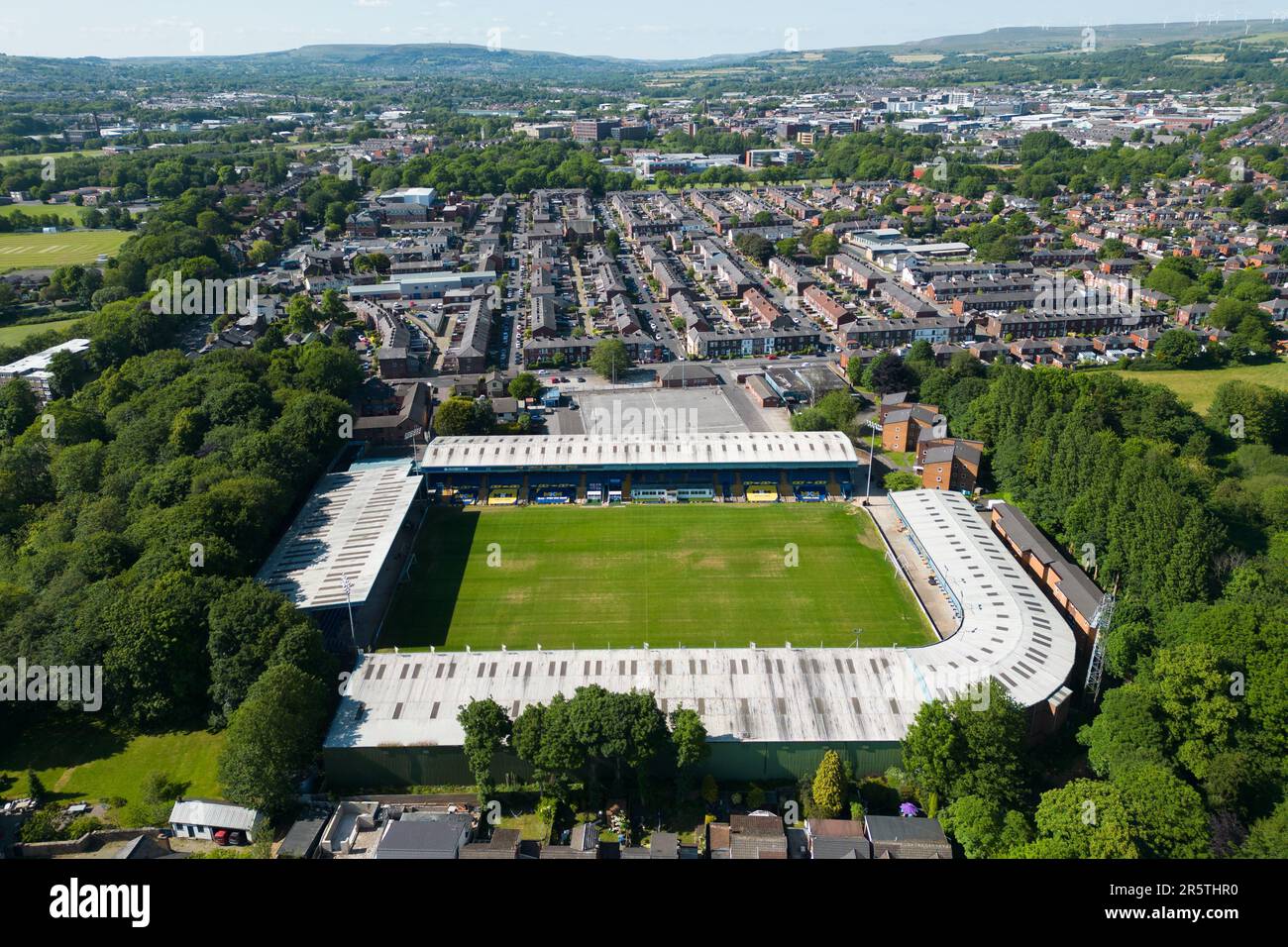 Bury, UK. 5 June, 2023. An aerial view shows Gigg Lane Stadium the home ...