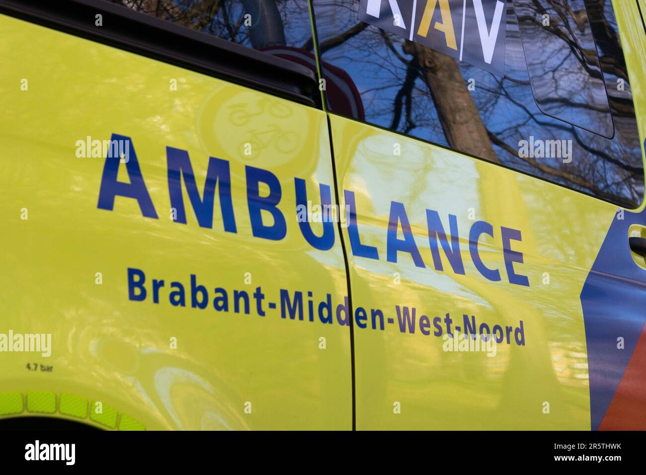 An ambulance car with the word Ambulance prominently displayed on the ...