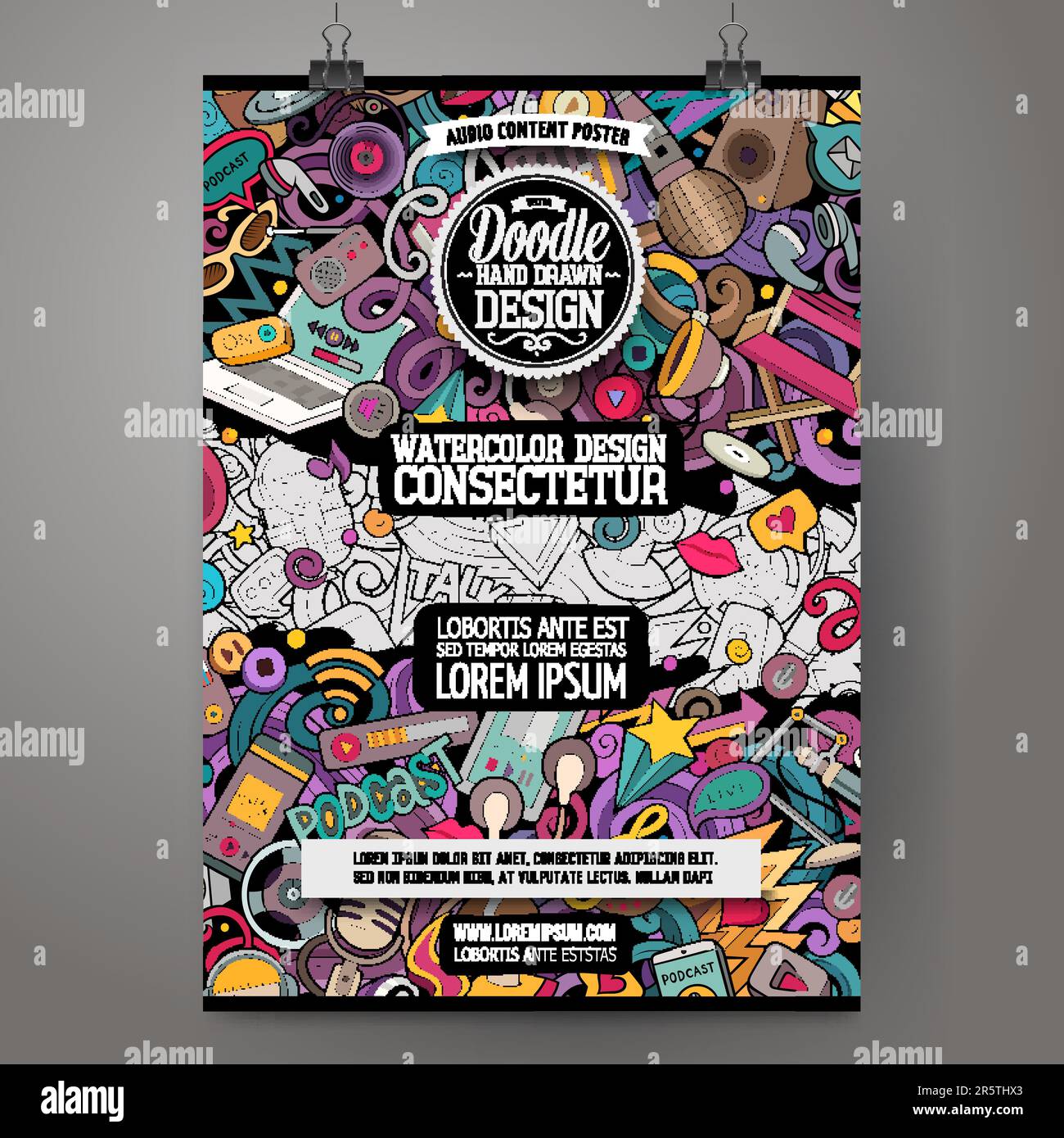 Cartoon vector doodle Audio content poster template. Corporate identity ...