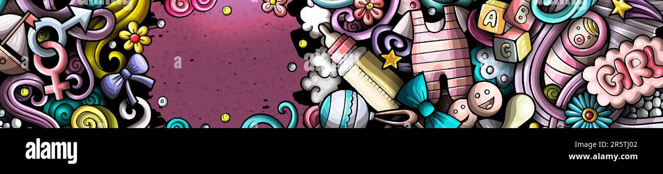 Baby doodle banner. Cartoon vector detailed header. Illustration with ...