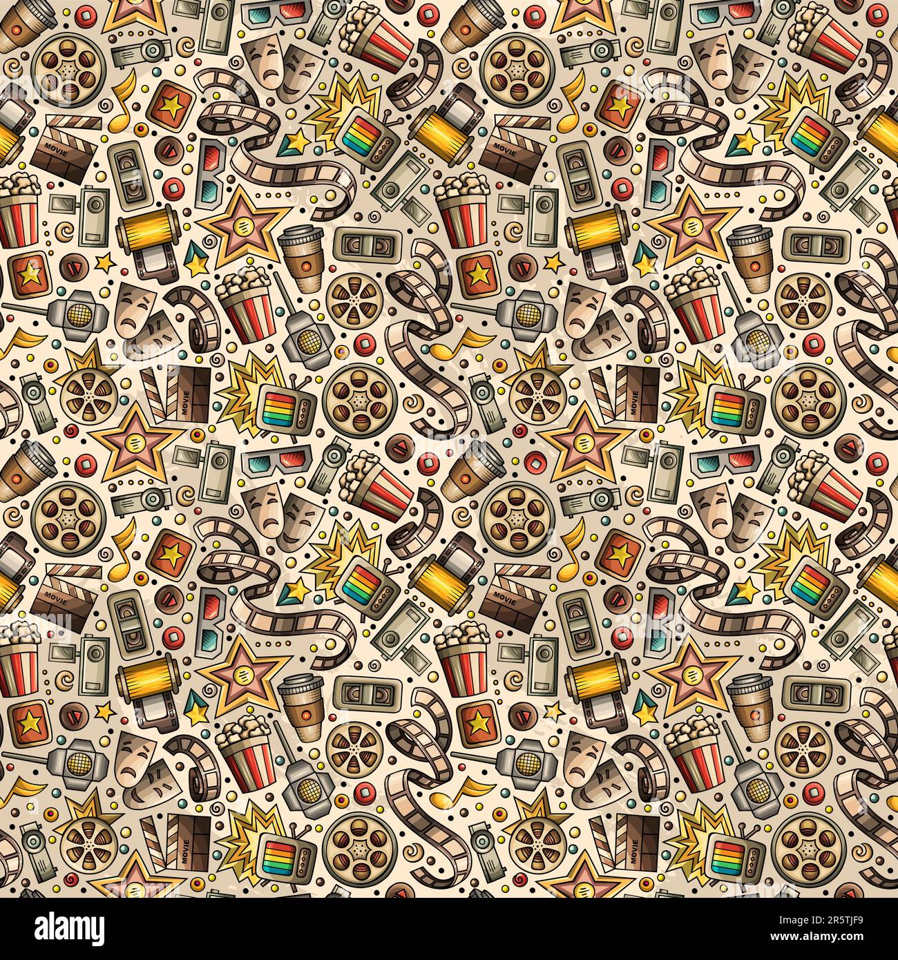 Cartoon cute hand drawn Cinema seamless pattern. Colorful with lots of ...