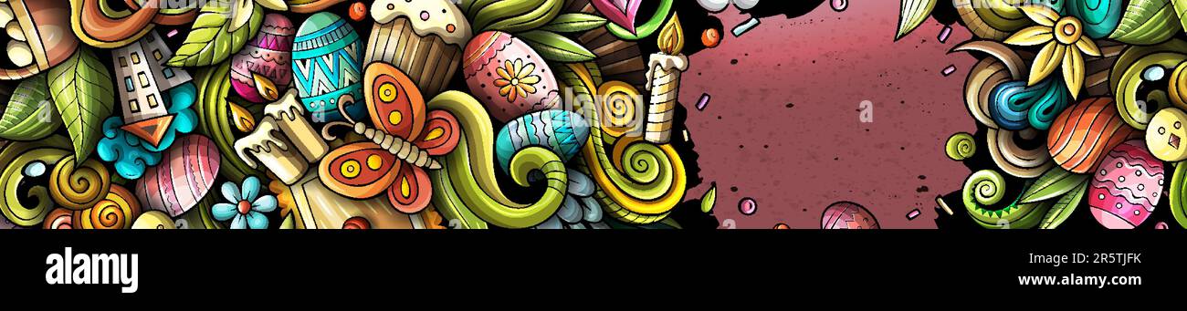 Cartoon cute colorful vector doodles Happy Easter horizontal banner ...