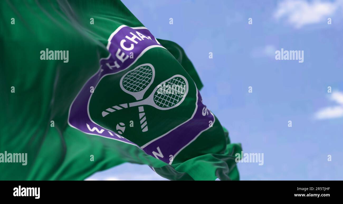 London, UK, May 2023: Flag with The Championships Wimbledon logo waving ...