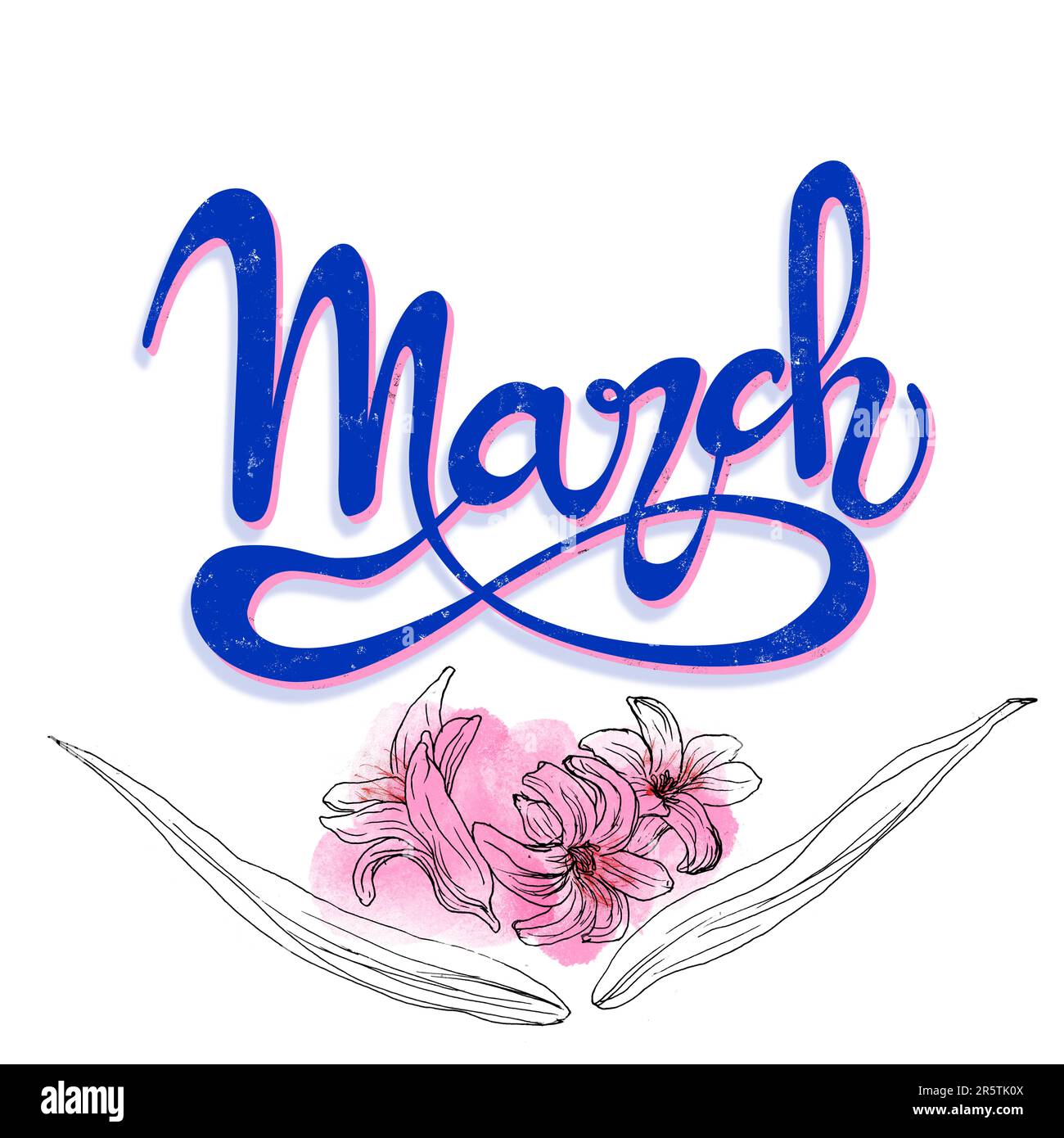 Lettering sign "March". Handwritten lettering sign with floral motifs ...
