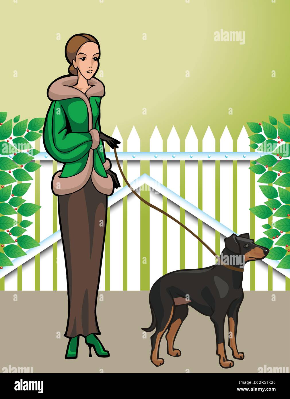 Fancy looking woman standing infront of a gate with a brown dog Stock ...