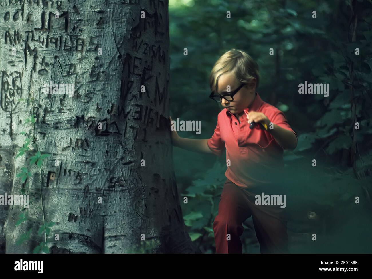 Initialed beech tree with child Stock Photo - Alamy