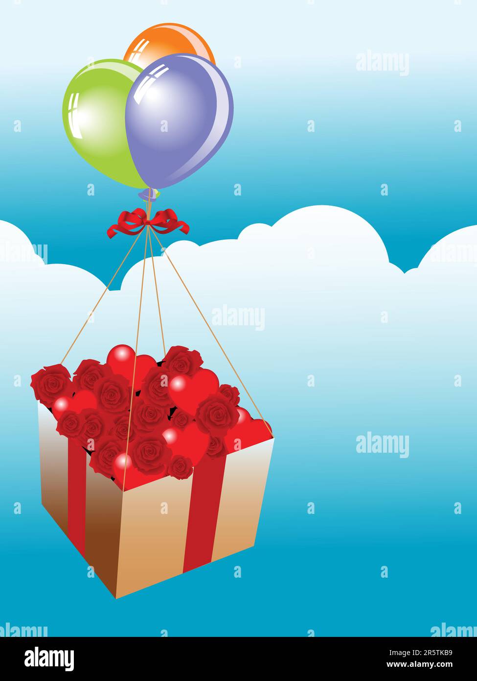 Box full of roses and hearts flying over the sky with balloons Stock ...