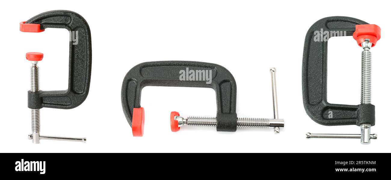 Set metal clamps from different angles isolated on white background ...